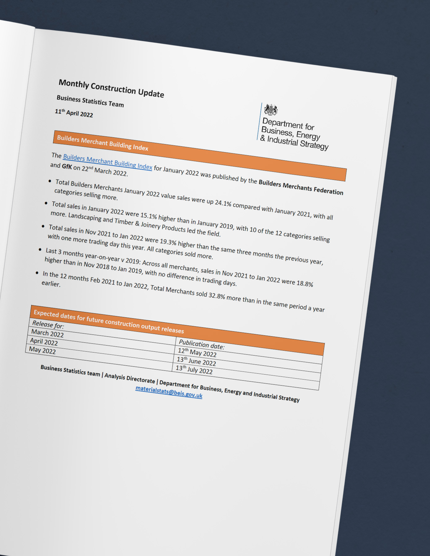 April construction update from the Department for Business, Energy ...